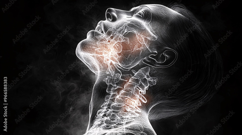 An x-ray-style image showing a neck with highlighted areas of tension ...