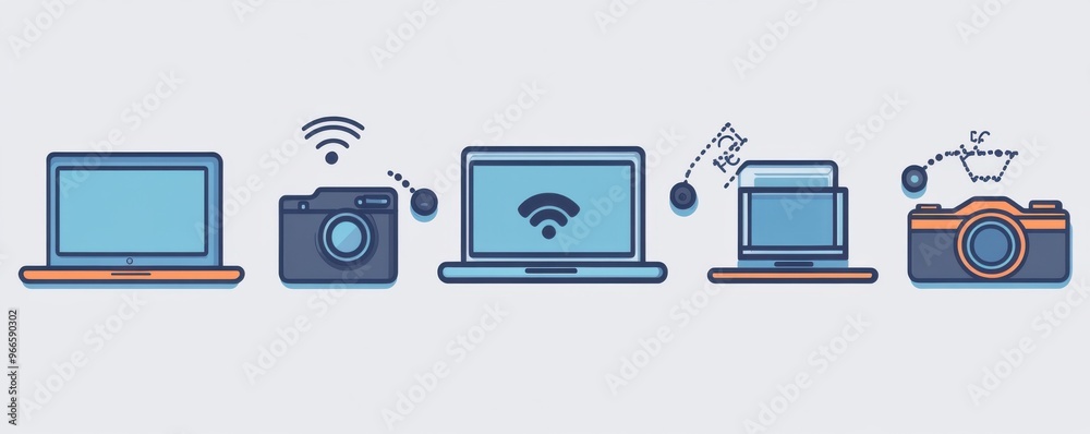 Cartoon illustration of various devices including cameras and laptops ...