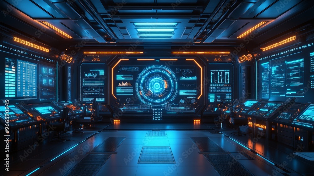 Digital control room with holographic interfaces displaying real-time data on regulatory ...