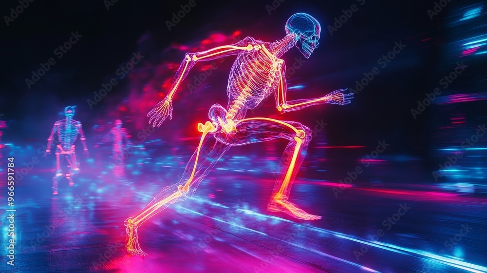 Human skeleton in motion, running with orthopedic implants visible, x ...