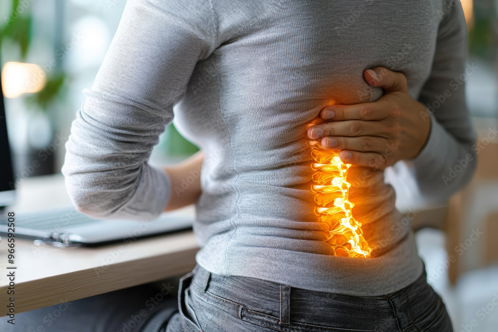 A person clutching their lower back in pain while sitting at a desk ...