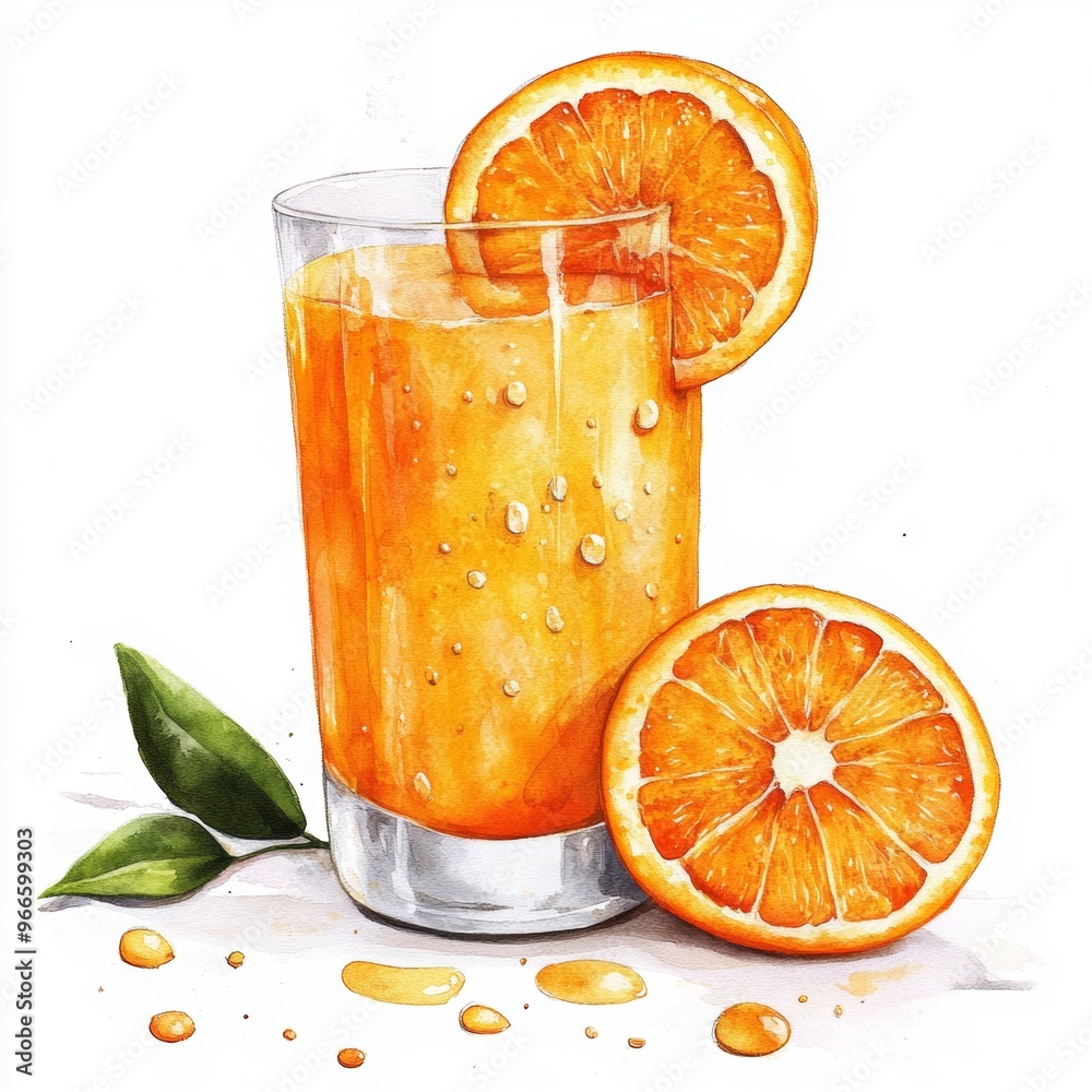 Vibrant watercolor clipart of a freshly squeezed orange juice, isolated ...