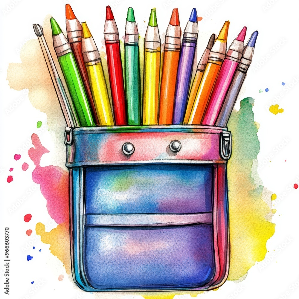 Whimsical watercolor clipart of a pencil case full of markers and ...