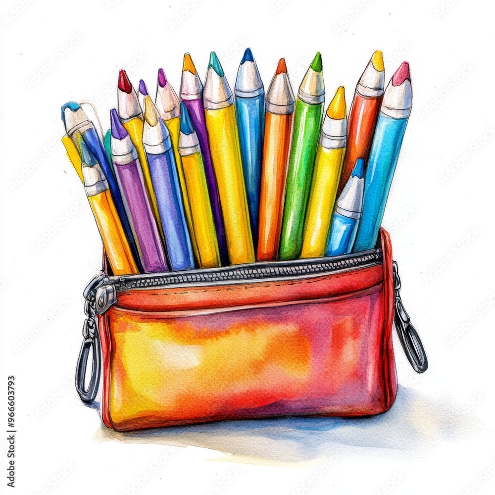 Whimsical watercolor clipart of a pencil case full of markers and ...