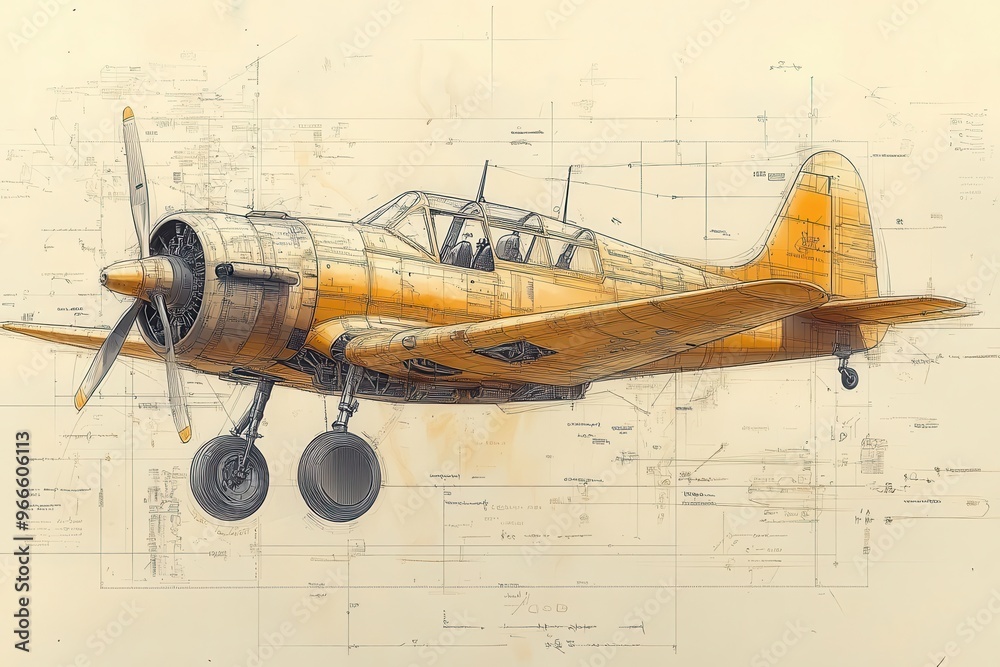 deconstructed toy airplane schematic floating in yellow void ...