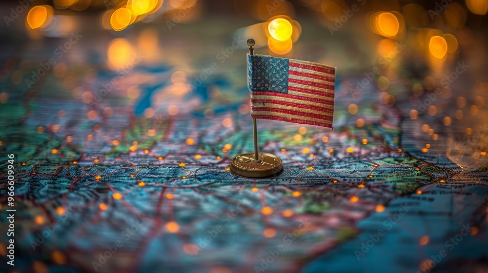 American Flag Pinned on Illuminated U.S. Map, Symbolizing Patriotism ...