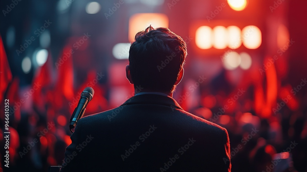 A man stands at a podium, facing a large crowd, with his back to the ...