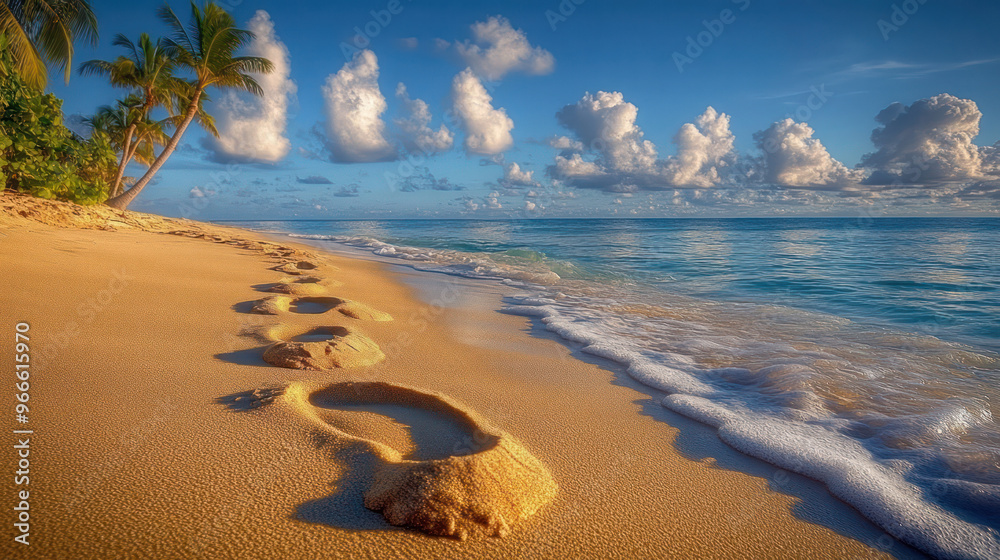 Fresh footprints in sand lead to ocean, surrounded by palm trees and ...