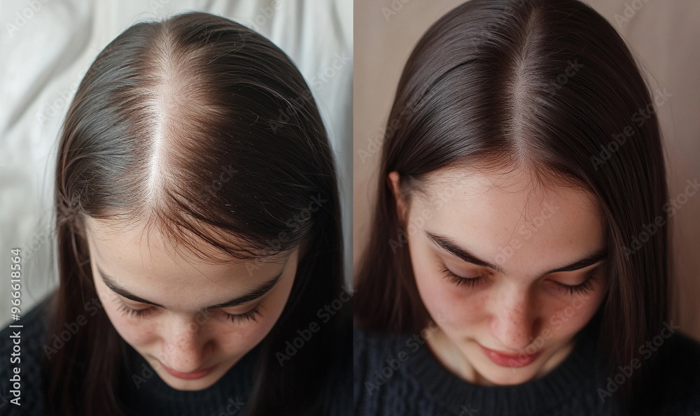 Hair growth comparison before and after. Banner for hair treatment ...