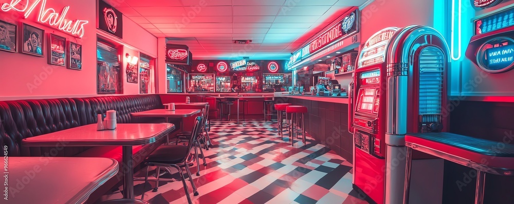 Retro-style diner with neon lights, vintage jukebox, and checkered ...