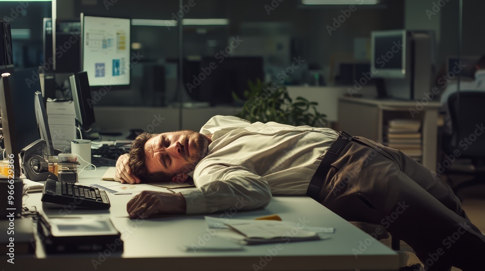 Exhausted office worker lying on desk amidst documents and computer ...