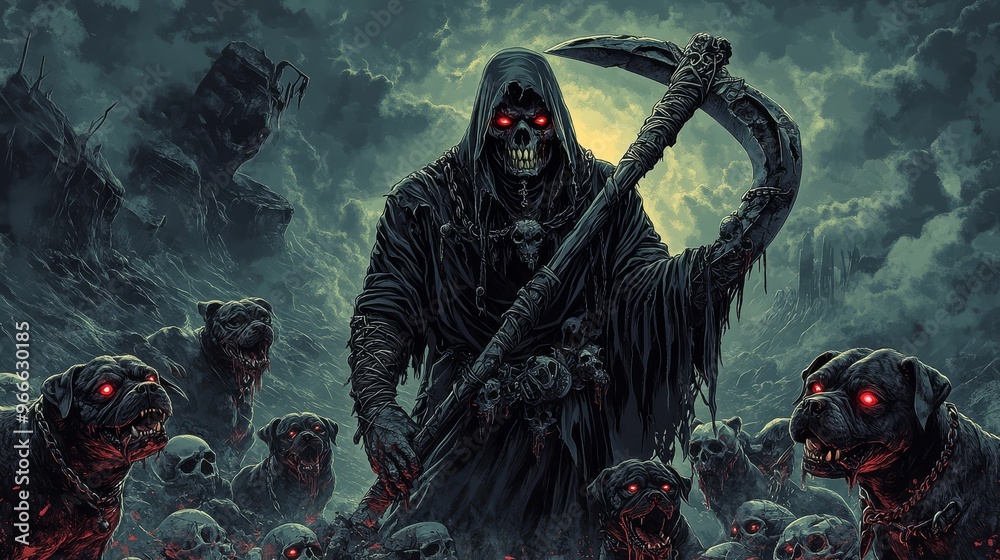 Grim reaper with glowing eyes standing among skulls and zombie dogs ...