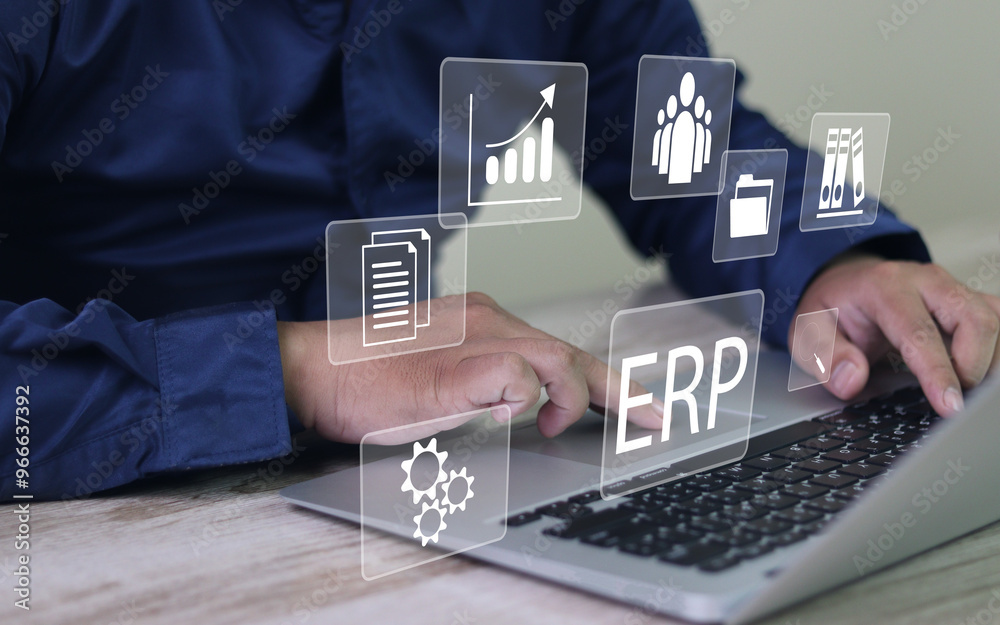 ERP, Enterprise Resource Planning concept. Connecting data with cloud ...