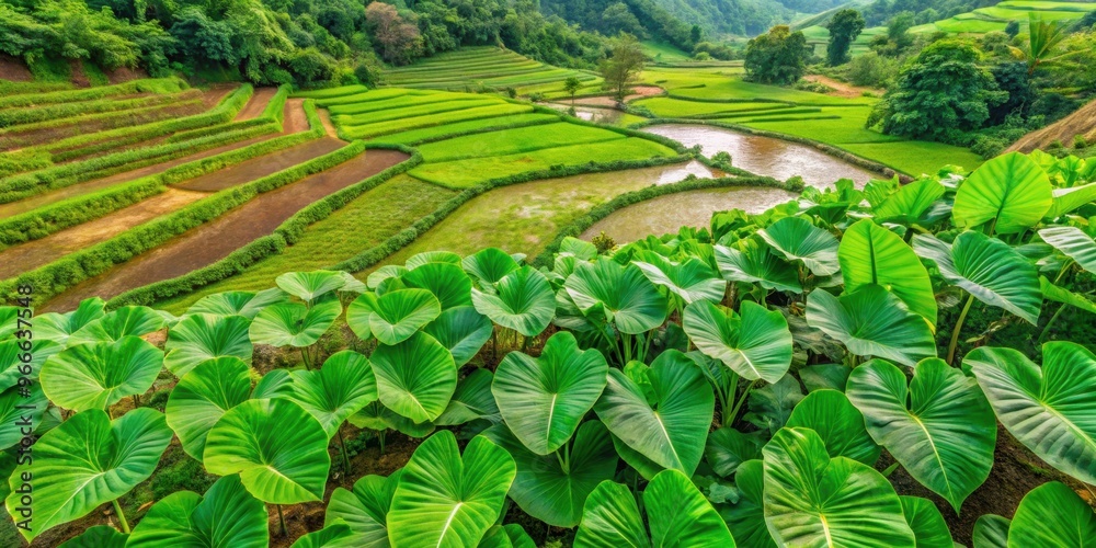 Beautiful top view of taro root fields with a greenery and vegetation ...