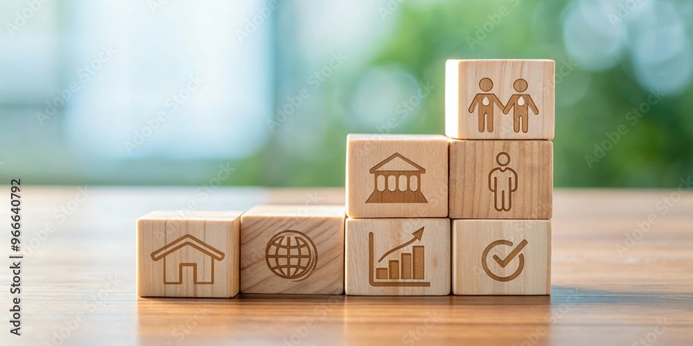 Wooden blocks with icons representing capacity building, education ...
