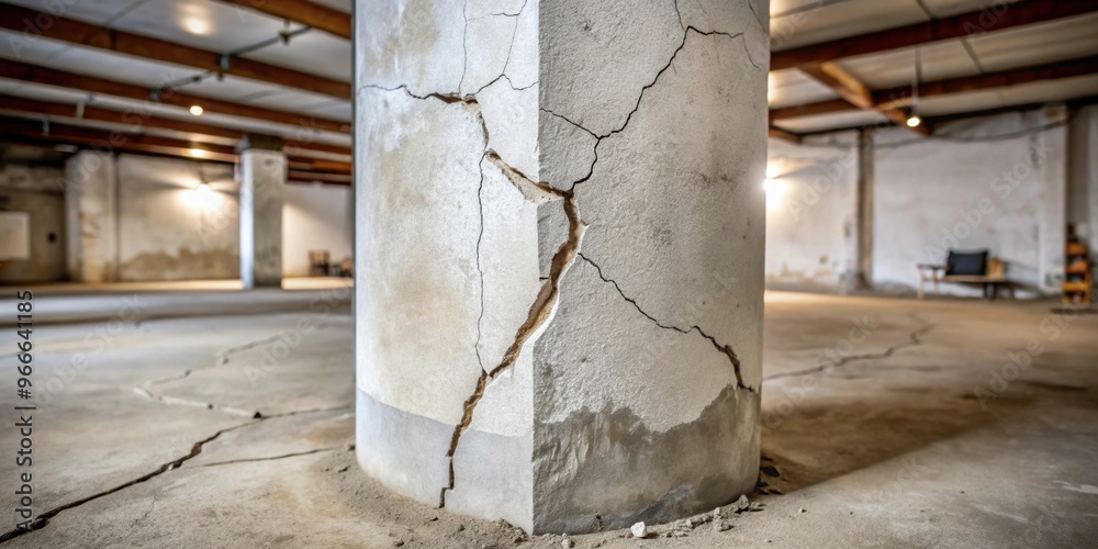 Cracks on a concrete column caused by water damage in the basement ...