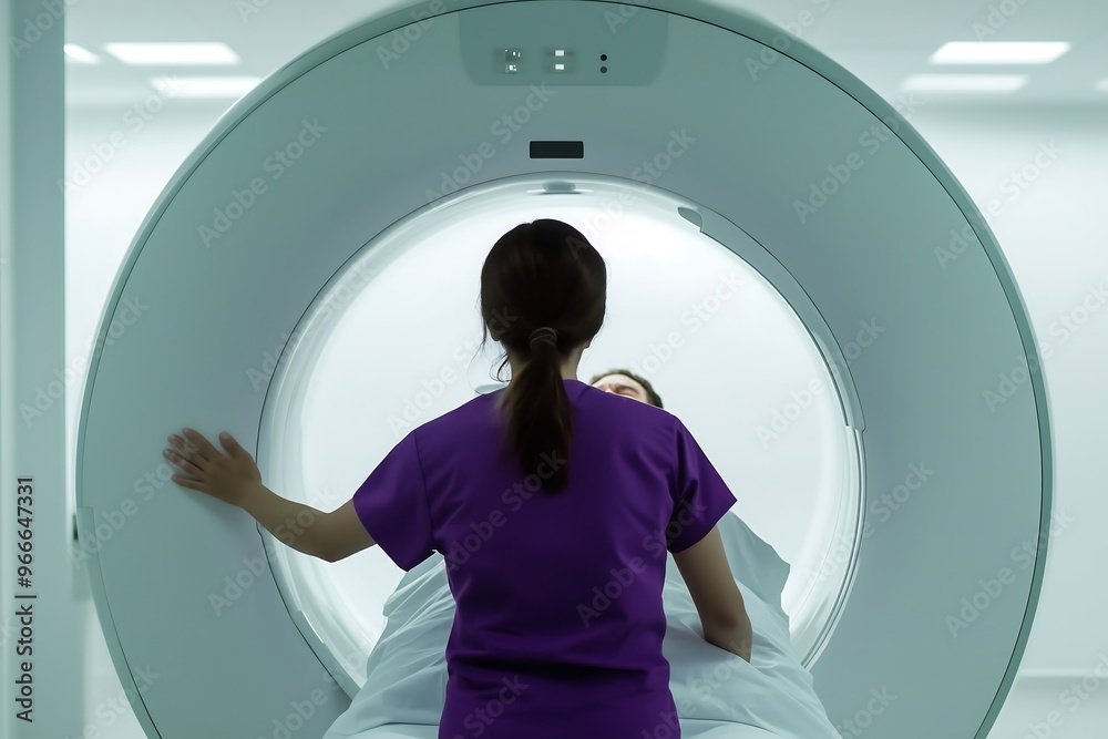 Patient Undergoing a CT Scan with Technician. A young female medical ...