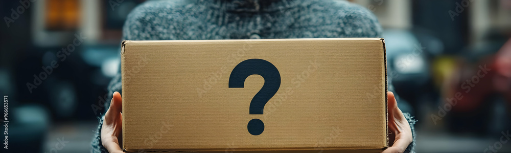 A person holds a brown box with a question mark, symbolizing curiosity ...
