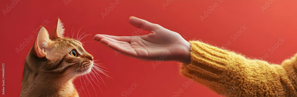 Man giving open hand to cat. Woman touching cats paw as sign of support ...