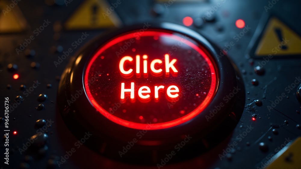 Close-up images of a red "Click Here" button glowing in a high-tech ...