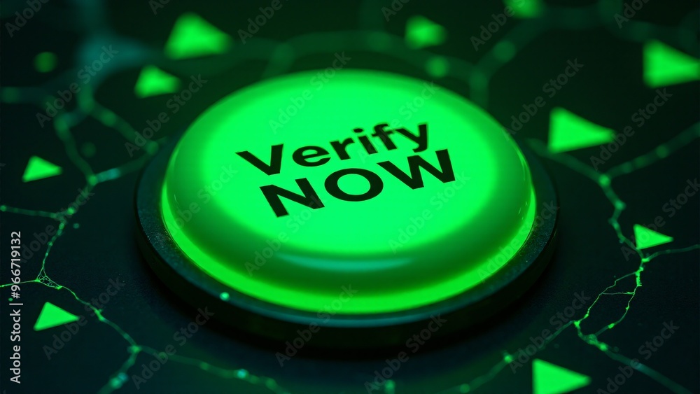 Close-up images of glowing green "Verify Now" buttons, surrounded by ...