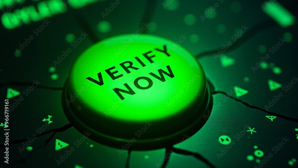Close-up images of glowing green "Verify Now" buttons, surrounded by ...