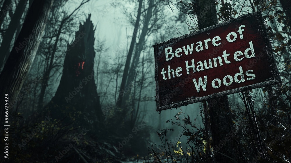 Beware of the Haunted Woods Sign in Dark Forest Stock Illustration ...