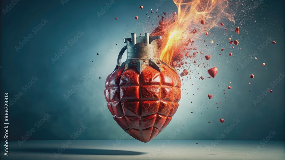 Symbolic of a human heart as an exploded grenade, conveying ...