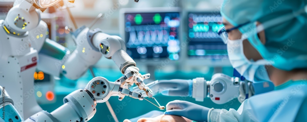 Futuristic surgery with robotic arms and AI systems performing precise ...