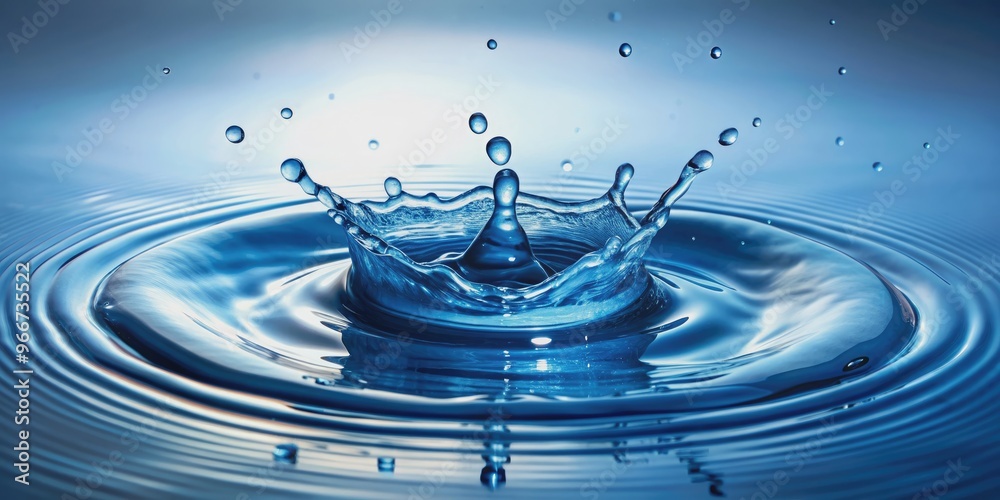 Blue water splash captured mid-air with droplets and ripples, blue ...