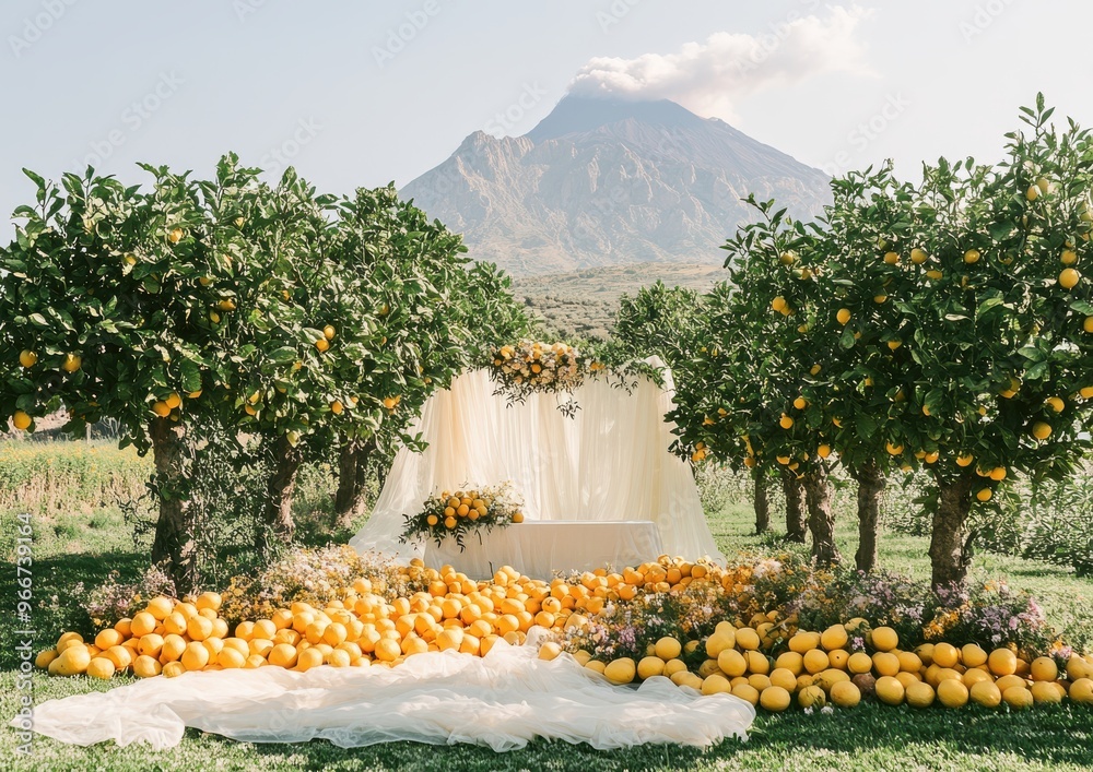 Wedding Ceremony Setup Amidst Lush Lemon Trees with Mountain in ...