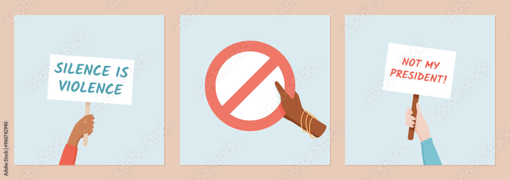 Activist hands hold protest signs with messages like Silence is ...