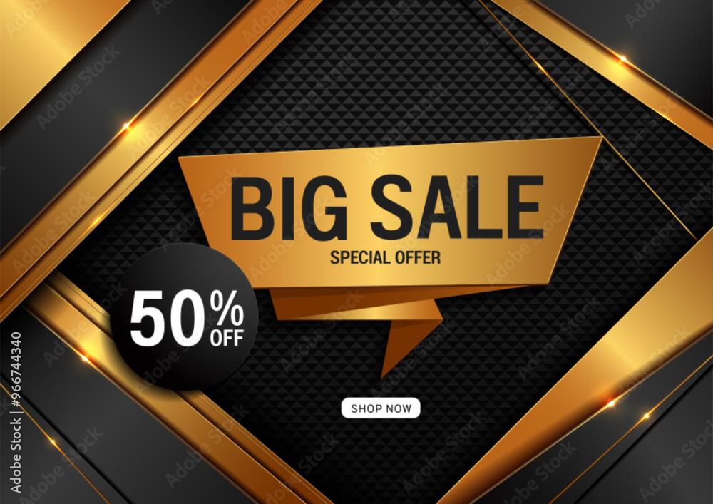 big sale 50 percent off special offer, black gold background, banner ...