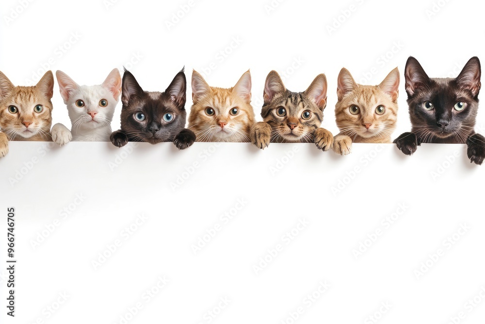 Row of heads of dogs and cats with paws up hanging over a blank white ...