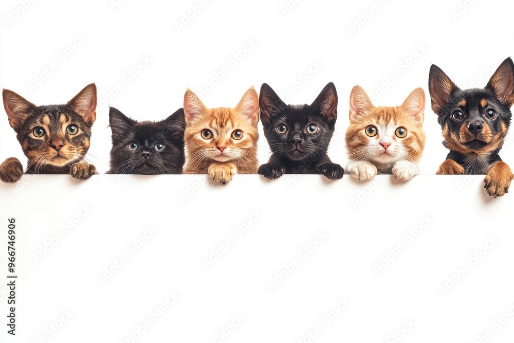 Row of heads of dogs and cats with paws up hanging over a blank white ...