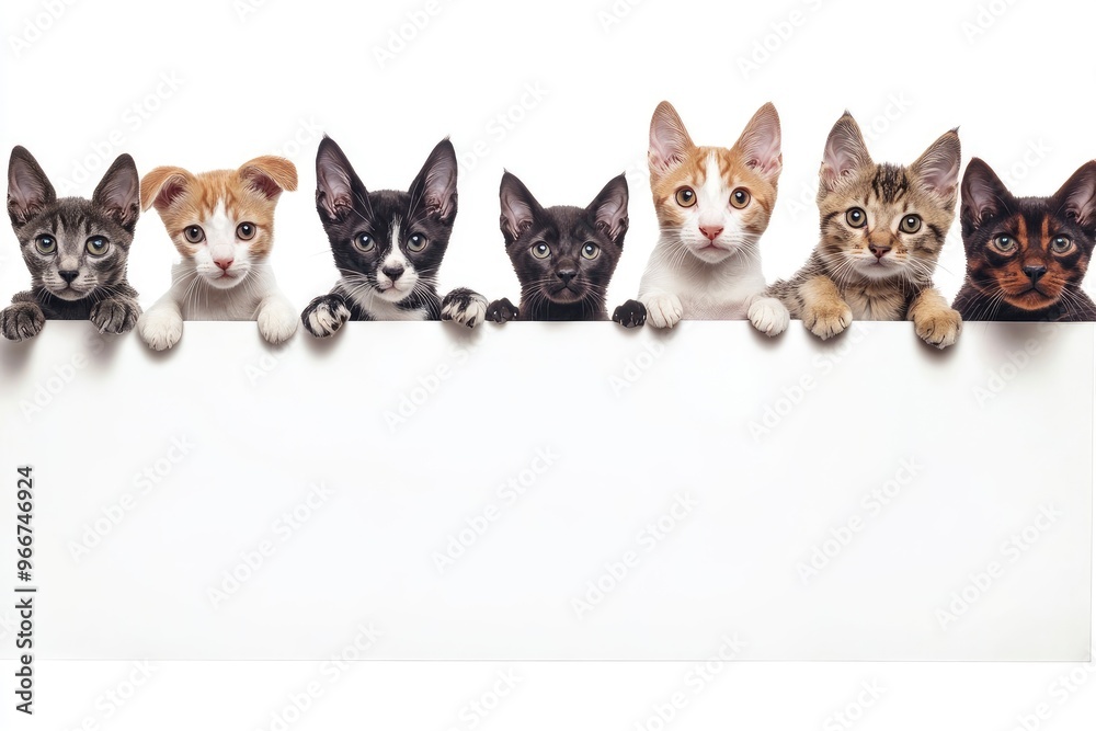 Row of heads of dogs and cats with paws up hanging over a blank white ...