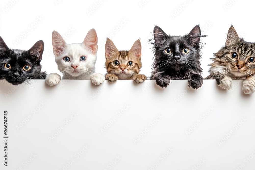 Row of heads of dogs and cats with paws up hanging over a blank white ...