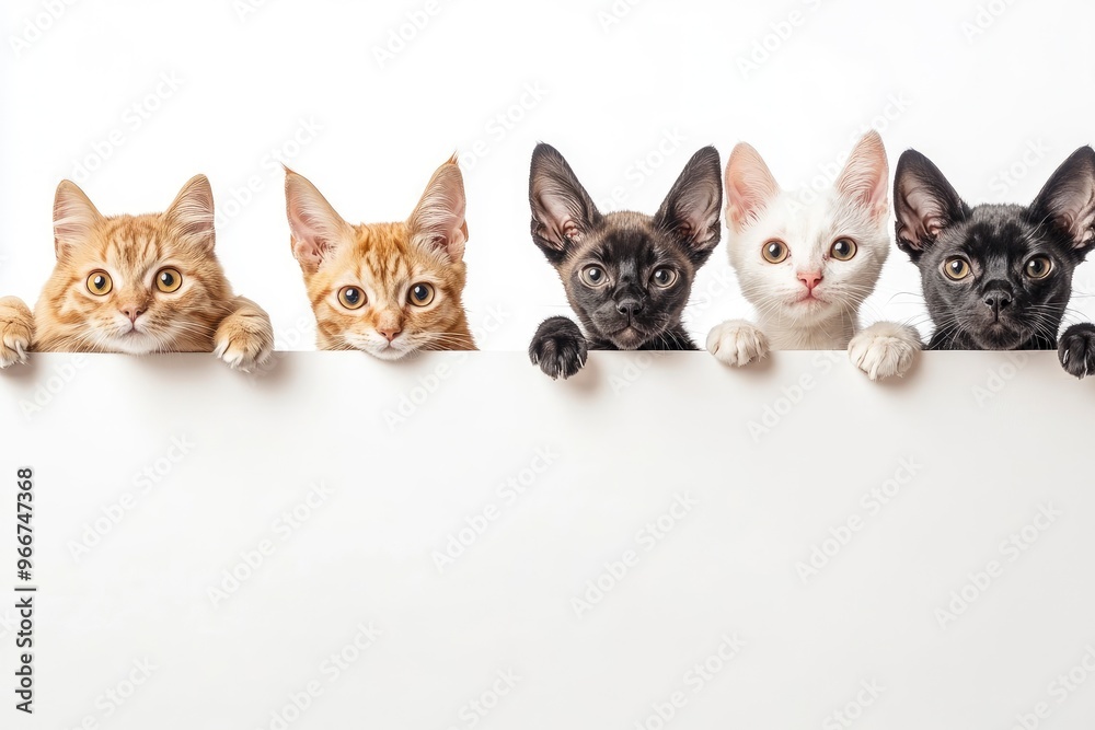 Row of heads of dogs and cats with paws up hanging over a blank white ...