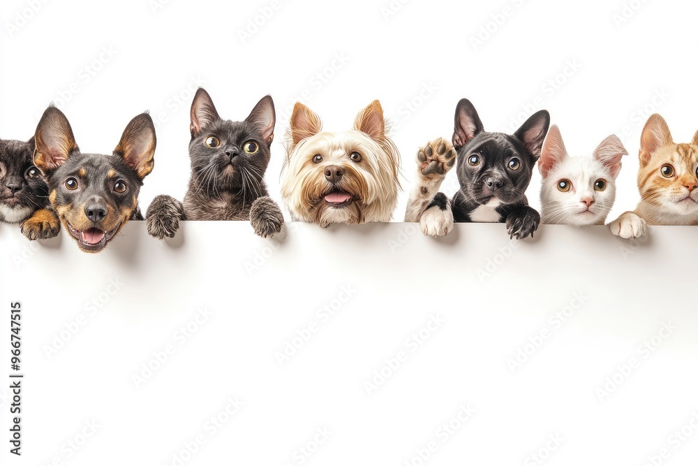 Row of heads of dogs and cats with paws up hanging over a blank white ...