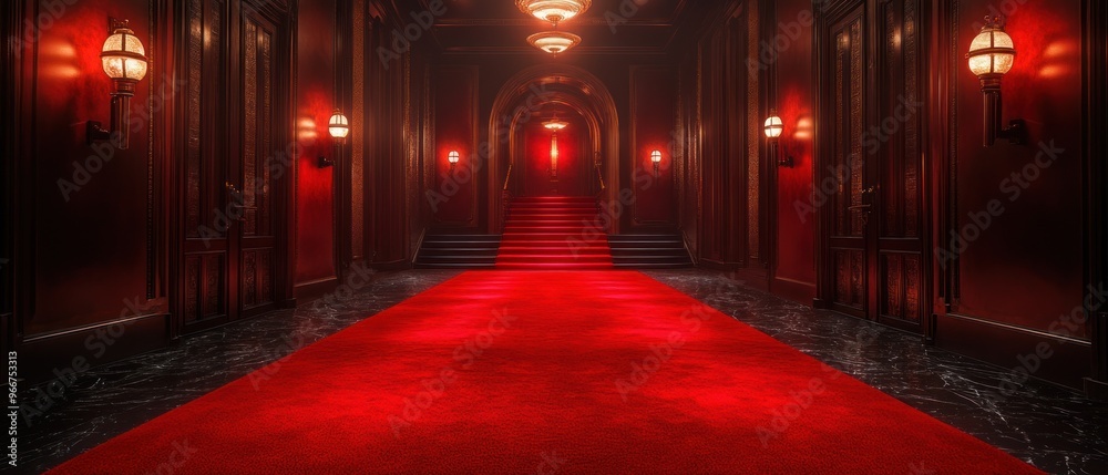 Red Carpet Hallway Leading to a Grand Staircase in a Dark Red and Black ...