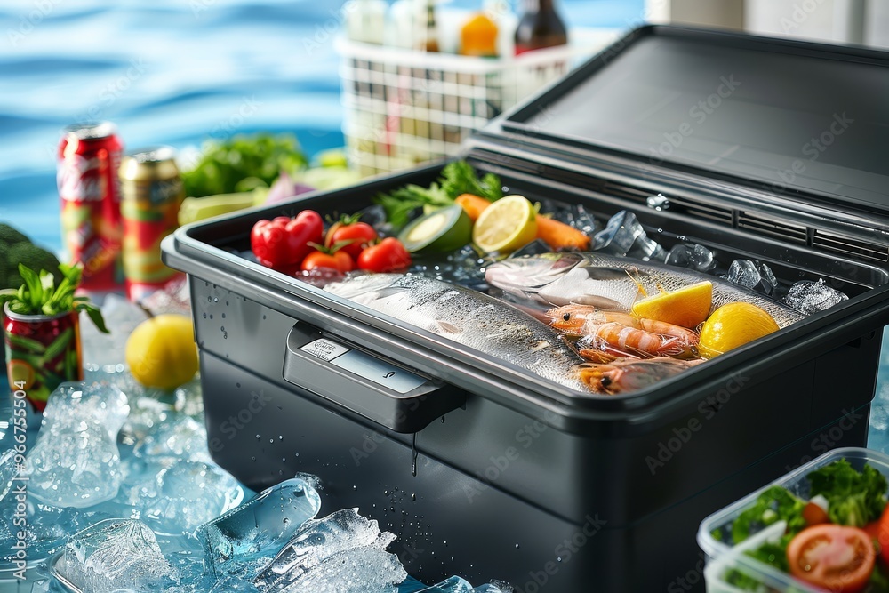 Black Small Chest Freezer Filled with Fresh Fish, Seafood, Vegetables ...