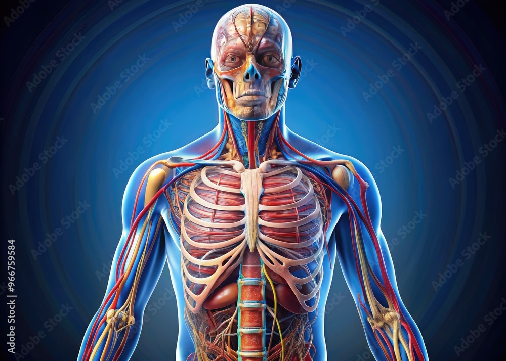 A detailed illustration of the human male body's internal systems and ...