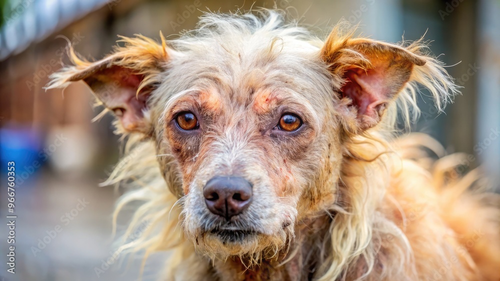A distressed dog's skin is severely affected by mange, characterized by ...