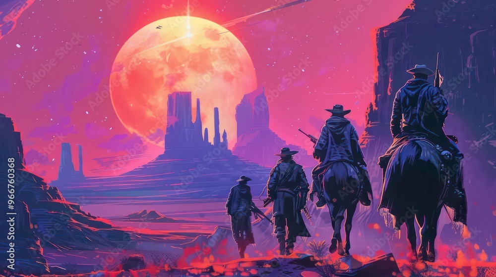 Four cowboys ride through a desert landscape towards a large red moon ...