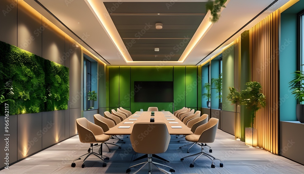 Sleek modern conference room featuring green wall and ambient lighting ...