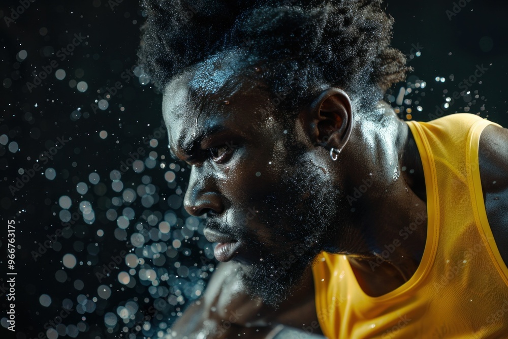 Athletic man in yellow tank top competing in a dynamic pose, droplets ...