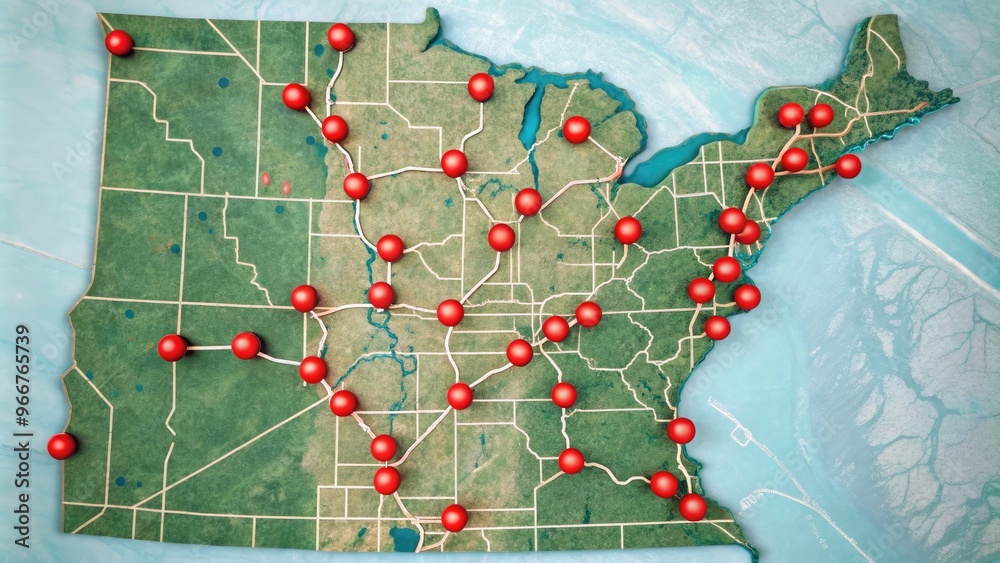 Aerial view of Minnesota's road network under construction, with red ...