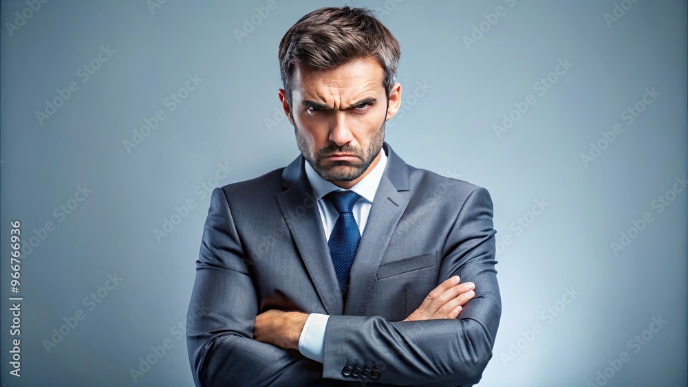 A frustrated businessman in a suit and tie crosses his arms, scowling ...