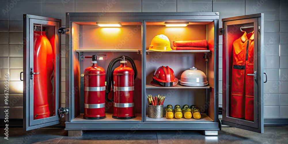 A fully stocked fire safety equipment cabinet with extinguishers ...