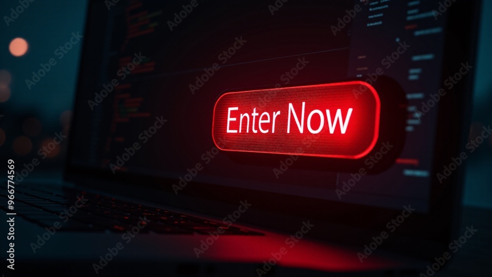 Bright red "Enter Now" buttons against dark, industrial backgrounds ...